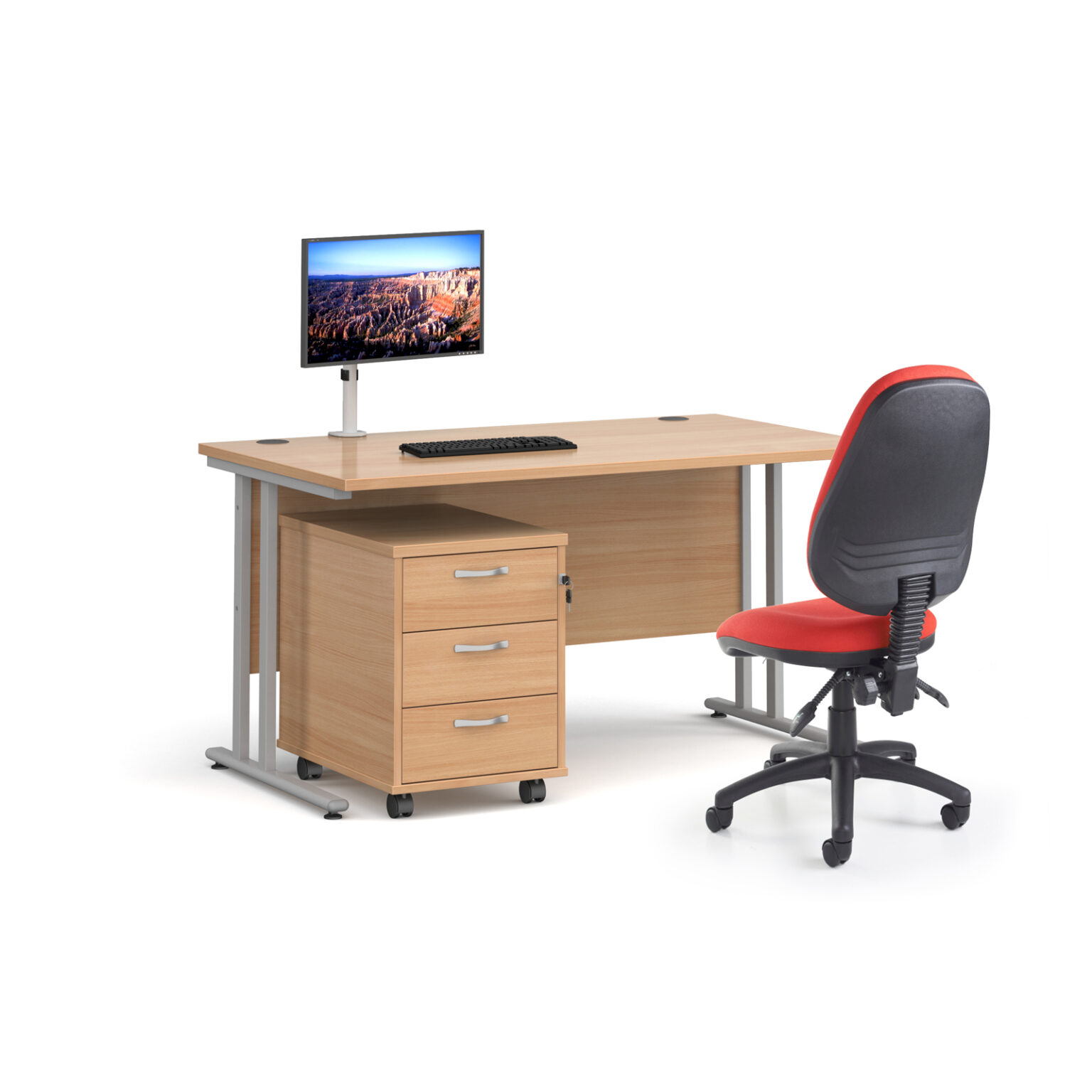 Maestro 25 straight desk – with silver cantilever frame and 3 drawer ...